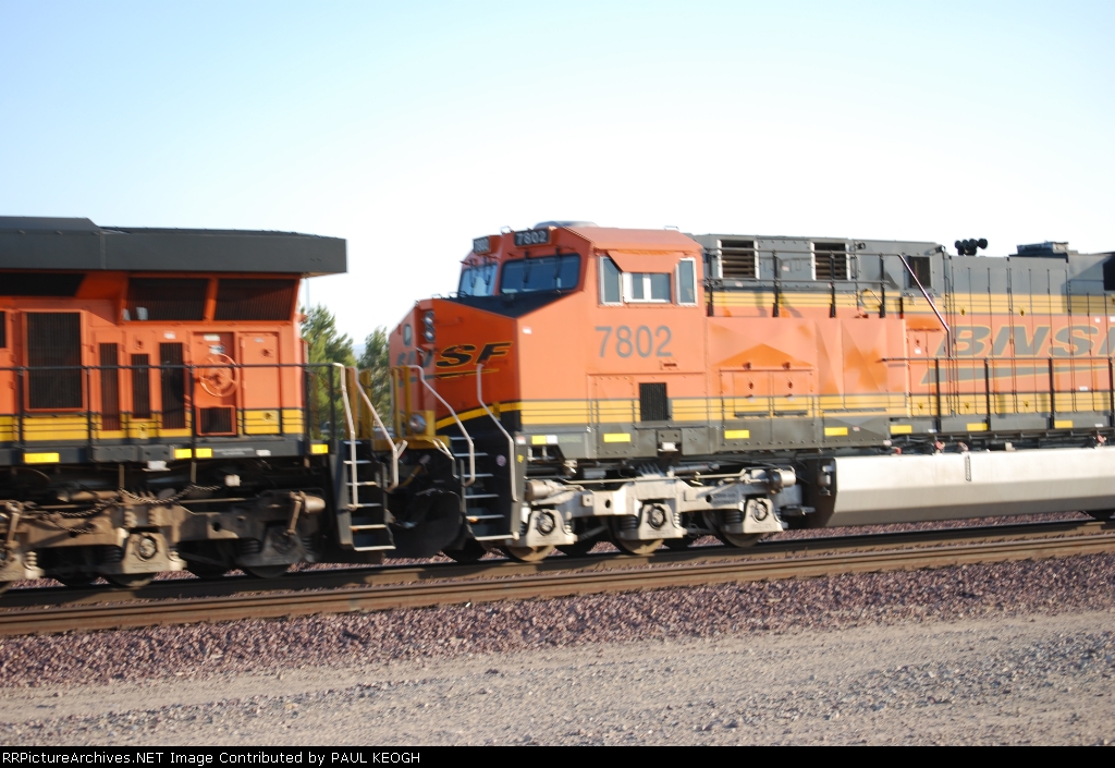 BNSF 7802 rolls westbound as a #3 unit towards Cajon Summit, CA.